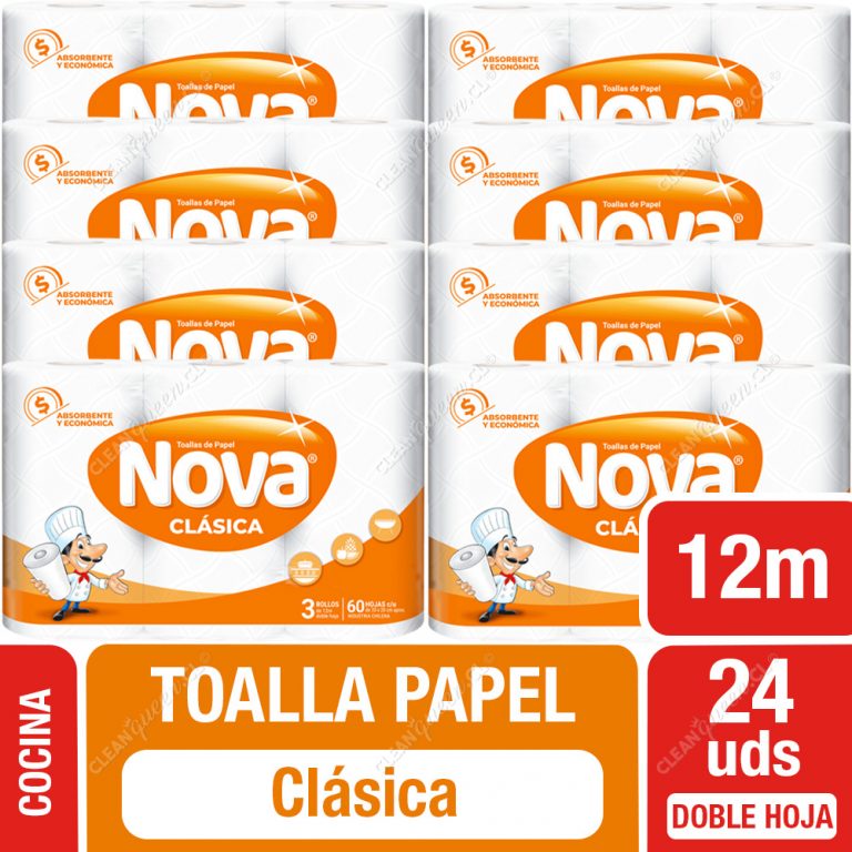 Toalla de Papel Nova Clásica Doble Hoja 12 mts c/u 8 x 3 Unid - Clean Queen